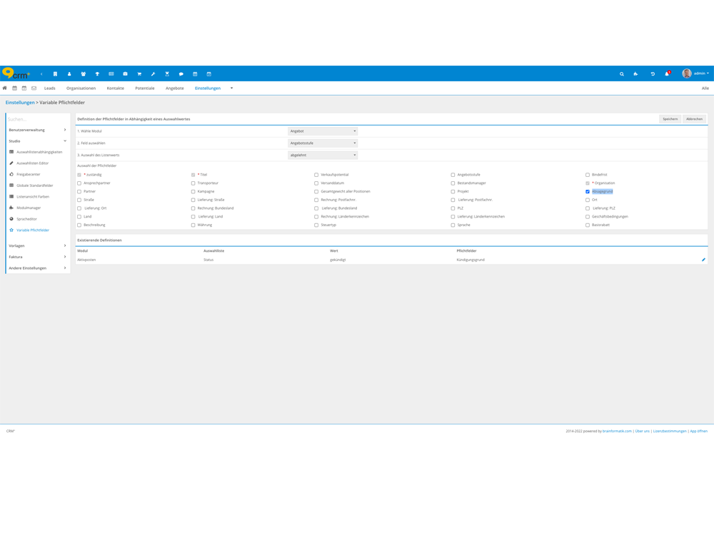 Variable Pflichtfelder in CRM+